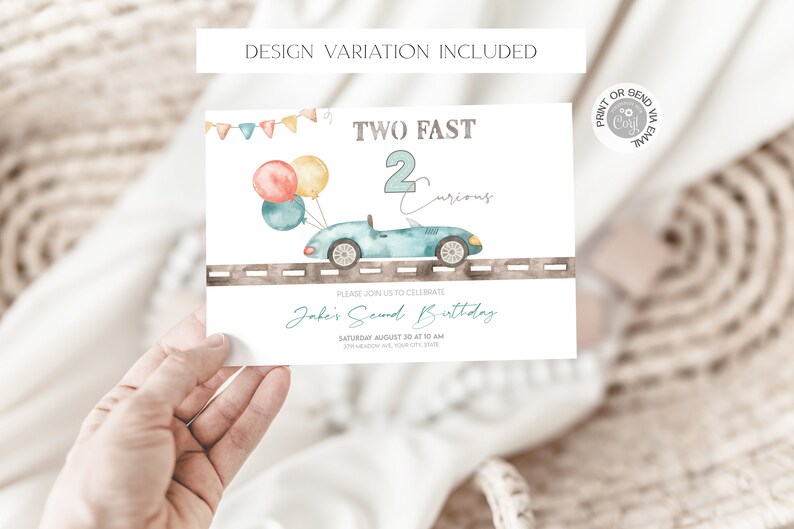 Two Fast Two Curious Birthday Invitation: Race Car, Balloons (editable ...