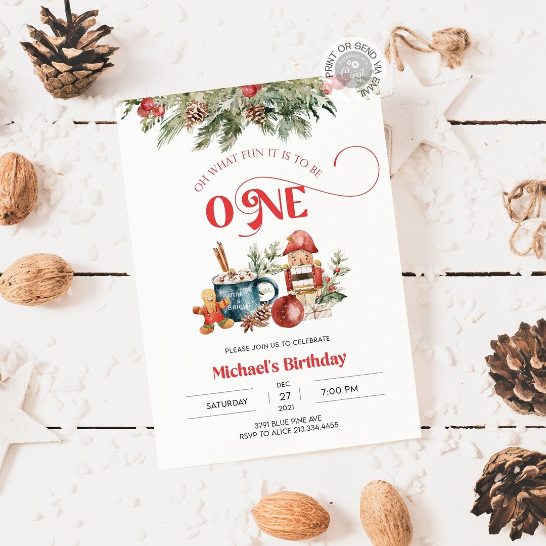 First Birthday Christmas Birthday Party Invitation, Oh What Fun It is ...
