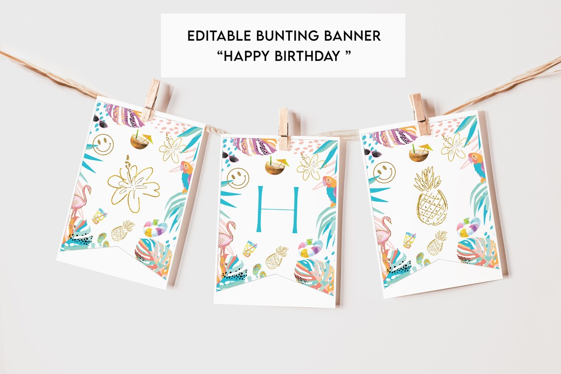 Tropical Birthday Banner: Editable Groovy Summer Theme (digital ...