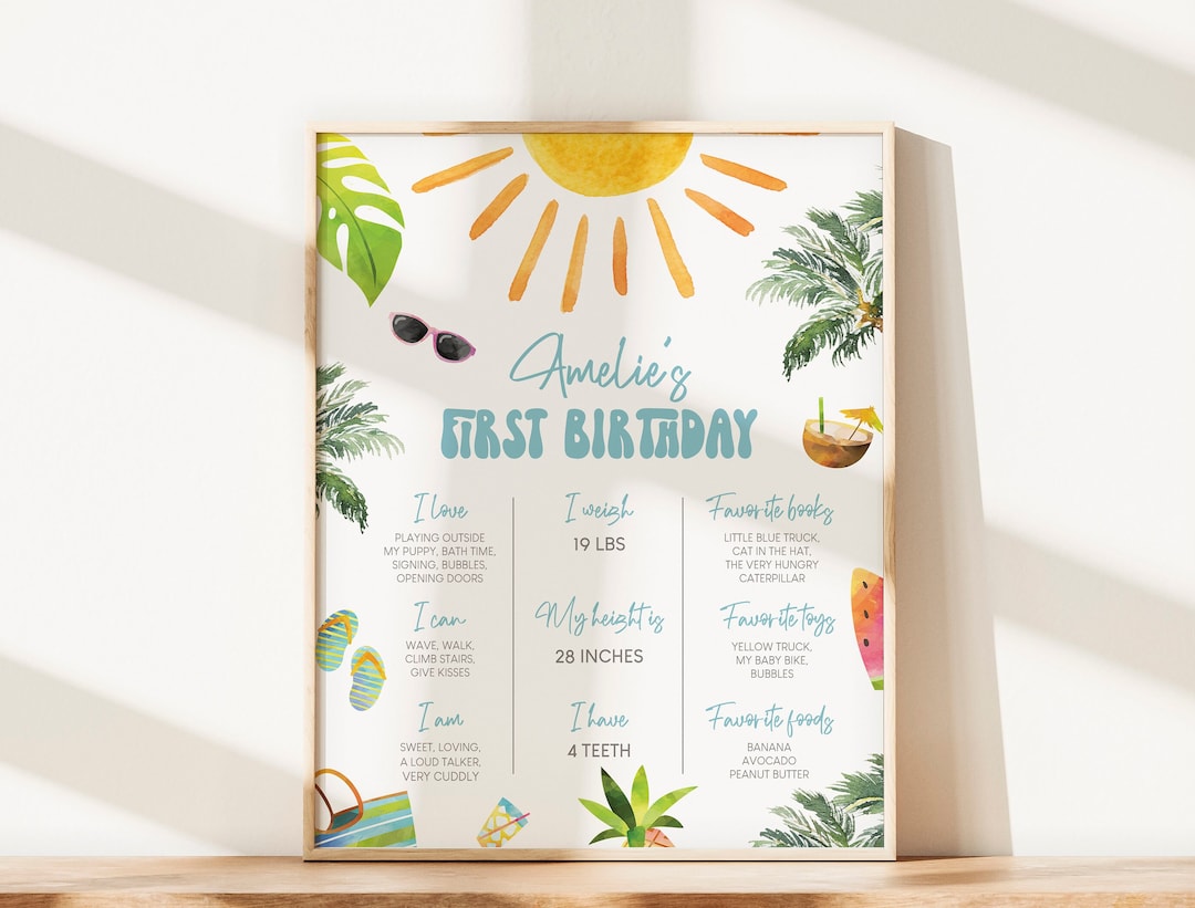 ONE in the Sun Birthday Milestone Sign, Editable Summer Beach Theme ...