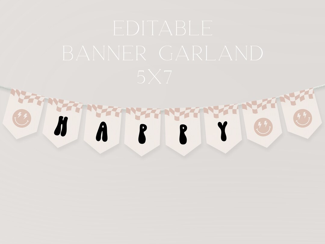 Editable Smile Face Birthday Bunting Banner, Printable Retro One Happy ...