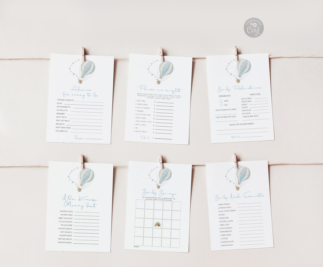 Hot Air Balloon Baby Shower Games Bundle, Blue Air Balloon Baby ...