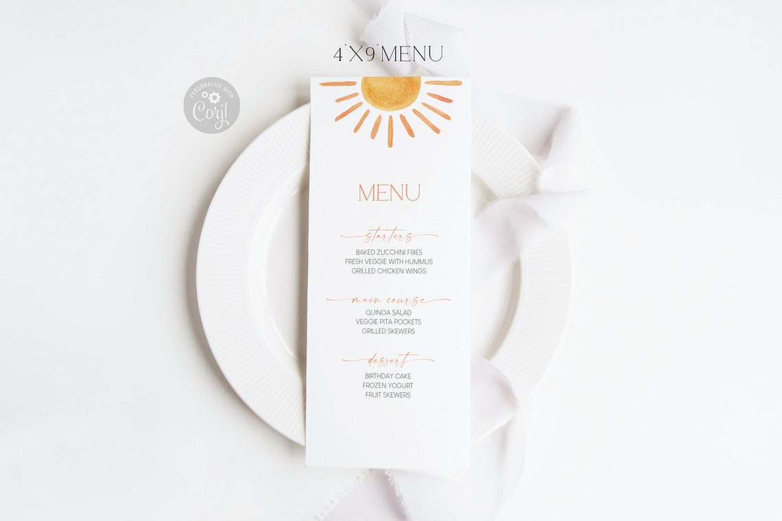 Editable Sun Menu Card Template: Sunshine Baby Shower (digital Download ...