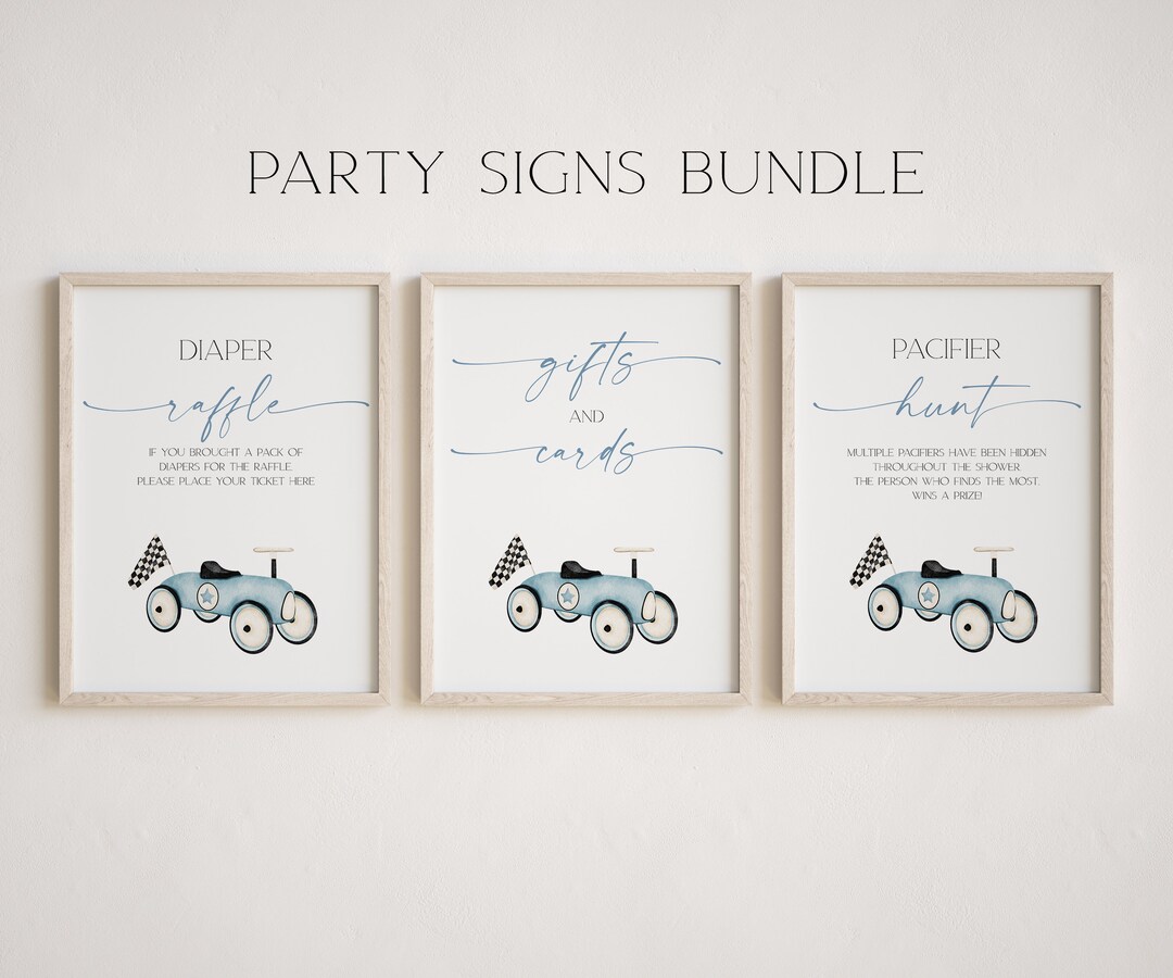Editable Race Car Party Sign Pack, Blue Race Car Ride on Diaper Raffle ...