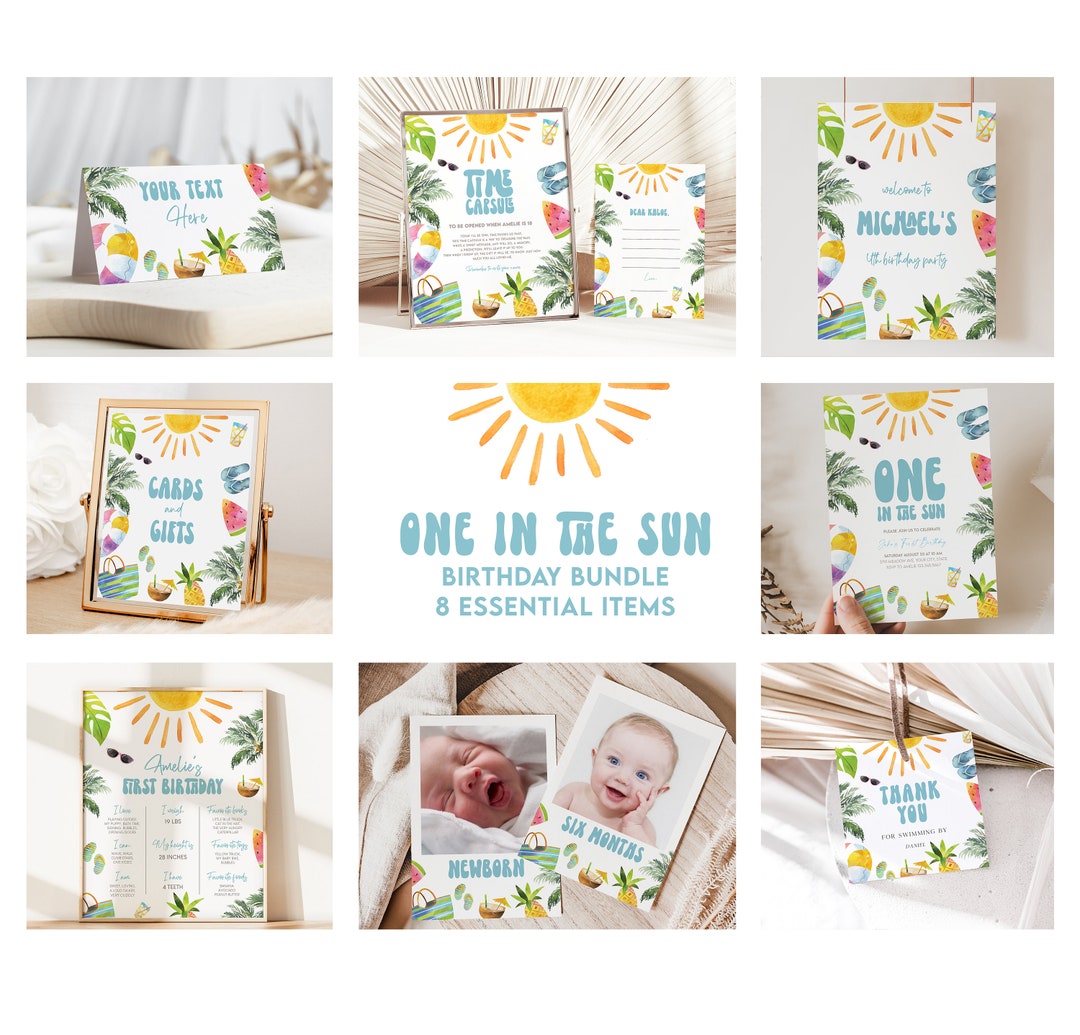 ONE in the Sun Birthday Bundle, Editable Beach Pool Party Summer Theme ...