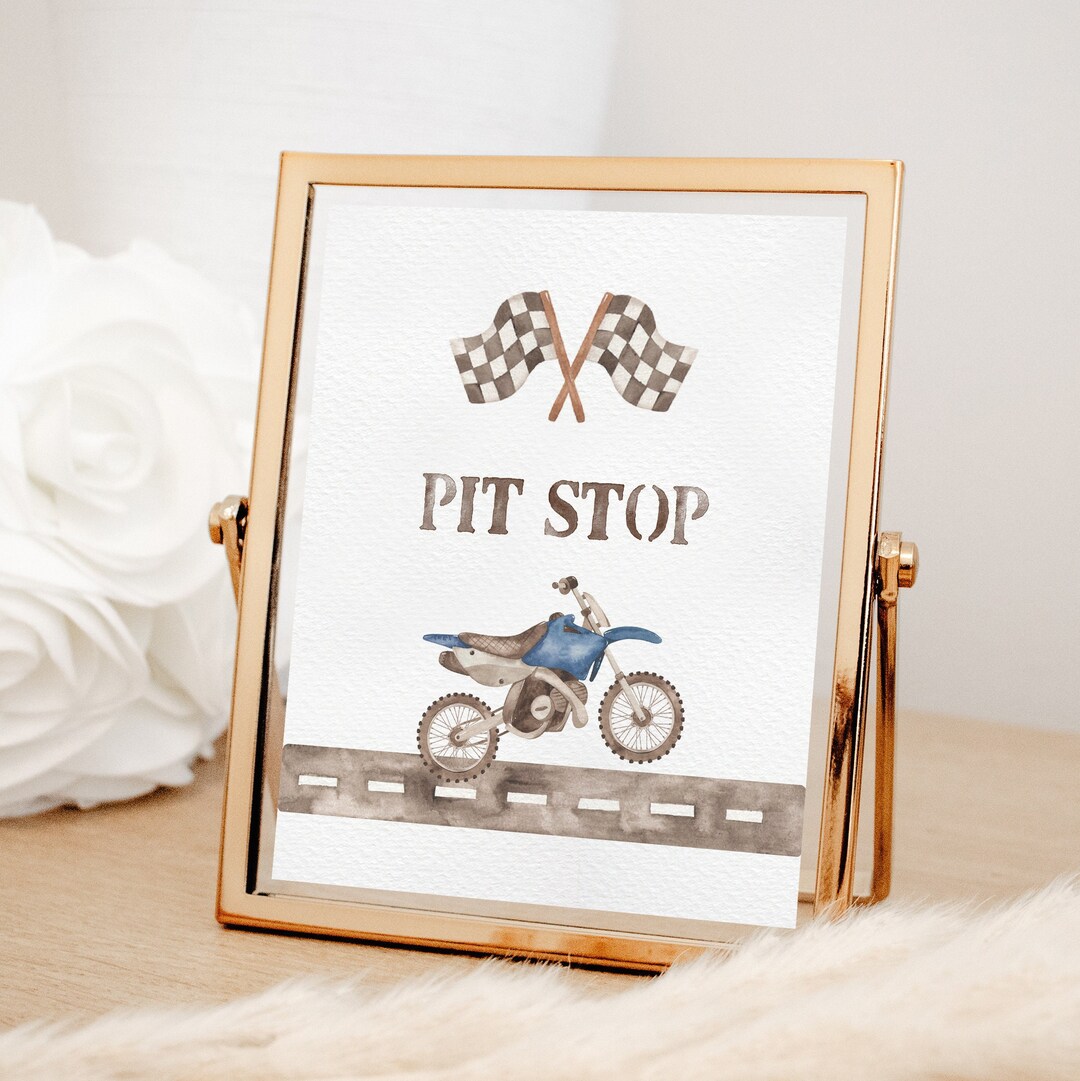 Dirt Bike Pit Stop Sign: Blue Motorcycle Birthday Party Decor (digital ...