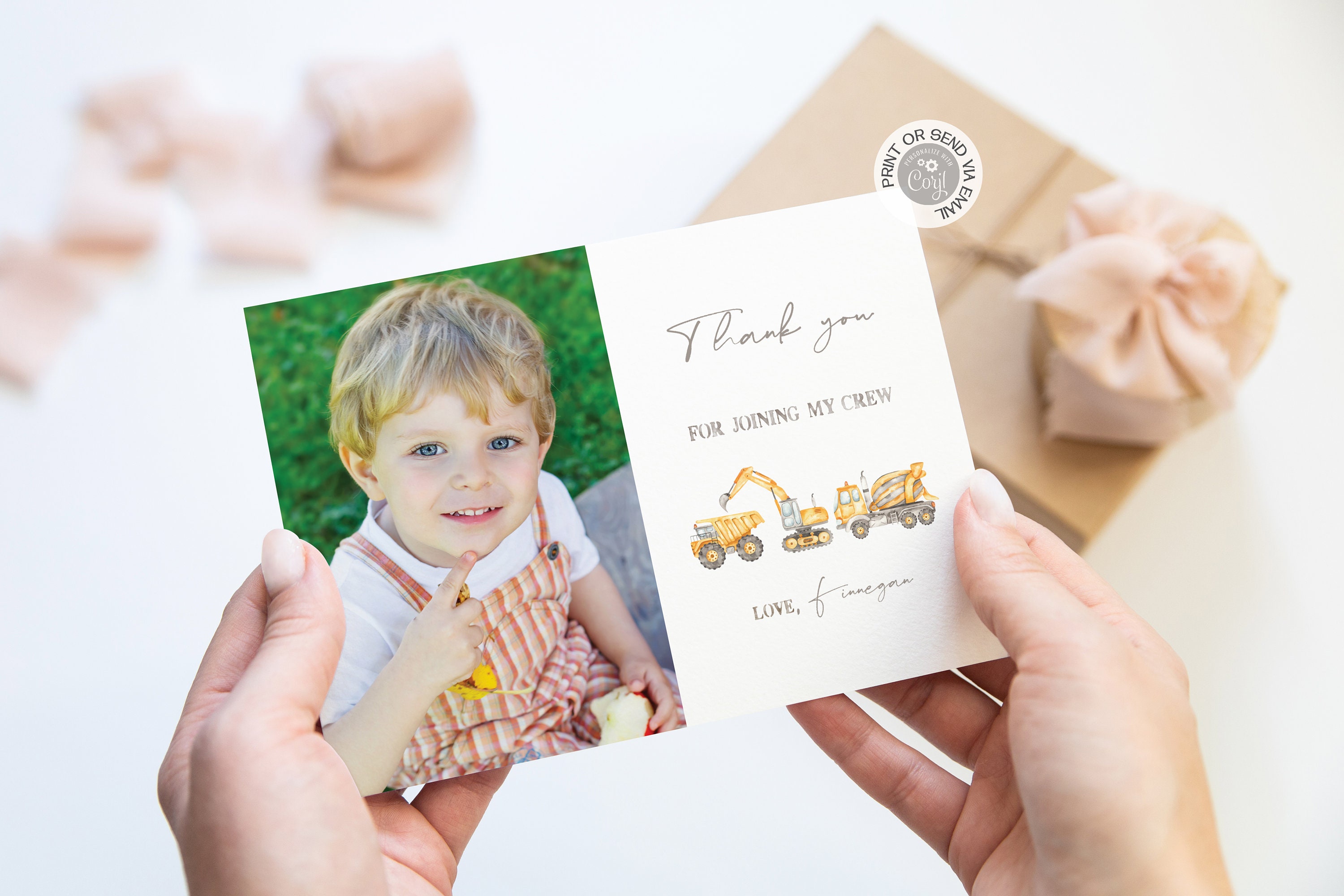 Construction Birthday Thank You Card: Digger, Dump Truck (editable ...