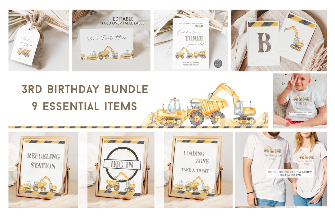 Editable Construction Theme 3rd Birthday Party Bundle - Etsy