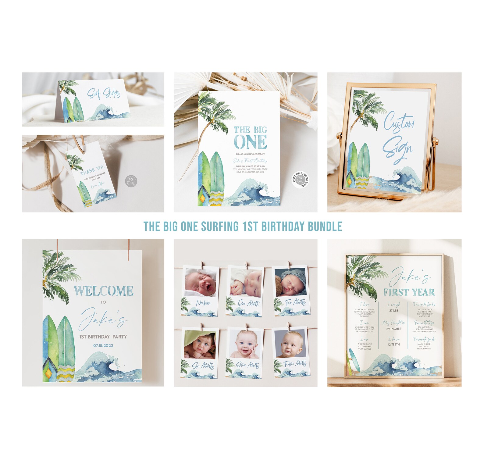 Editable Surf Birthday Food Tents: Blue Green Surfboard Party (INSTANT ...