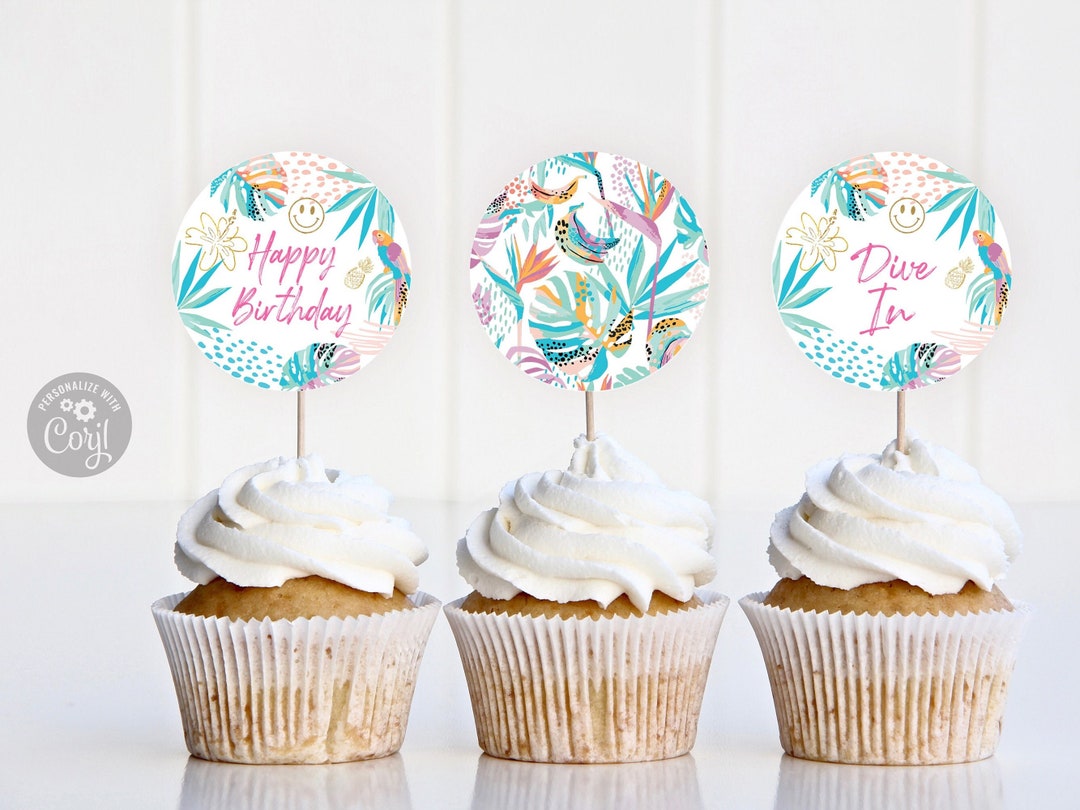 Printable Tropical Birthday Cupcake Toppers, Editable Summer Beach Pool ...