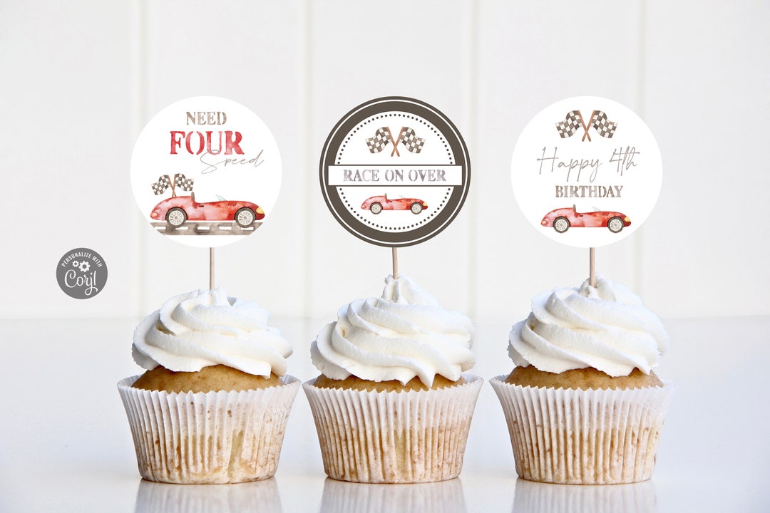 Ready to Print Race Car Cupcake Toppers, 4th Birthday Party Decorations ...