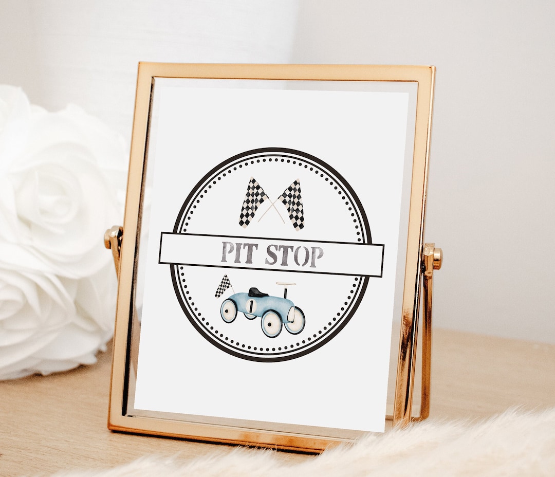 Printable Race Car Pit Stop Sign Blue Retro Race Car Ride on Food ...