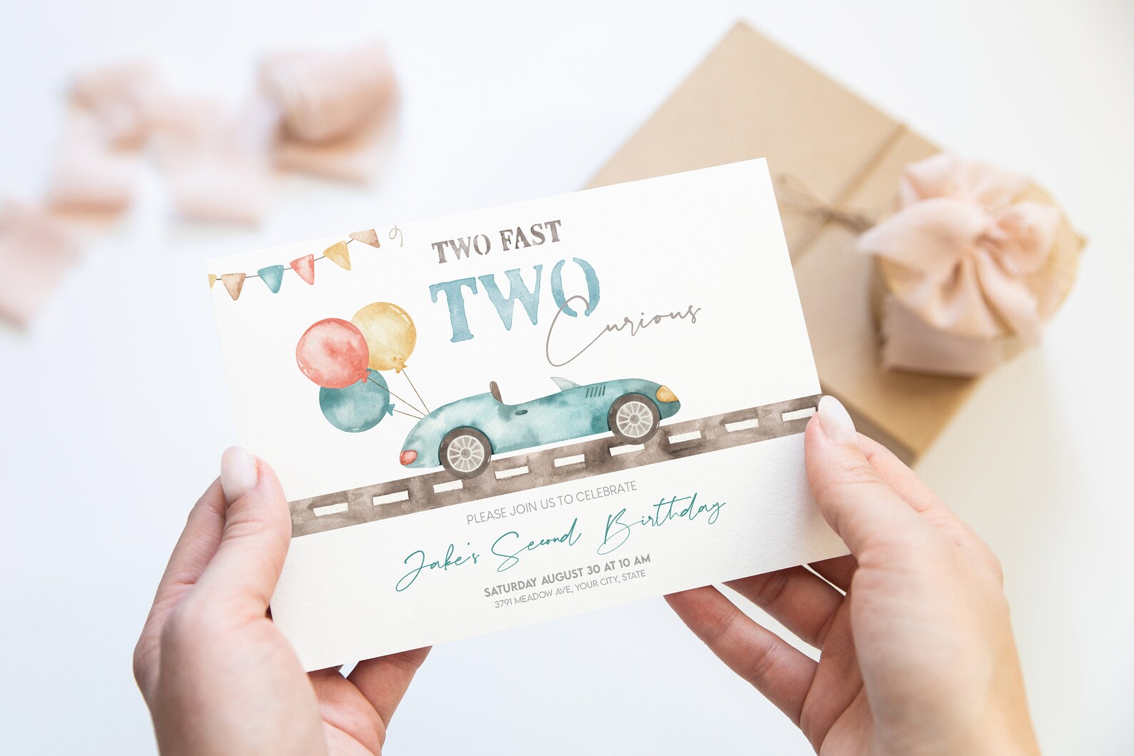 Two Fast Two Curious Birthday Invitation: Race Car, Balloons (editable ...