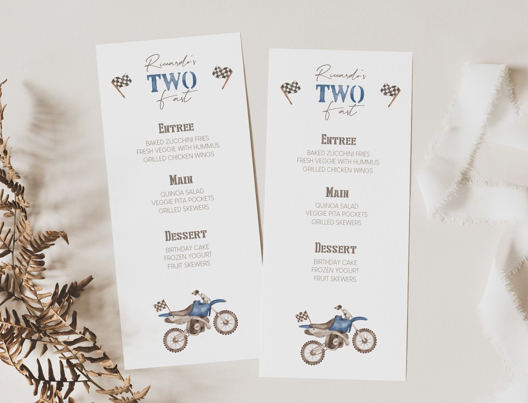 Dirt Bike Themed Menu Cards, Editable Blue Bike Birthday Menu Template ...