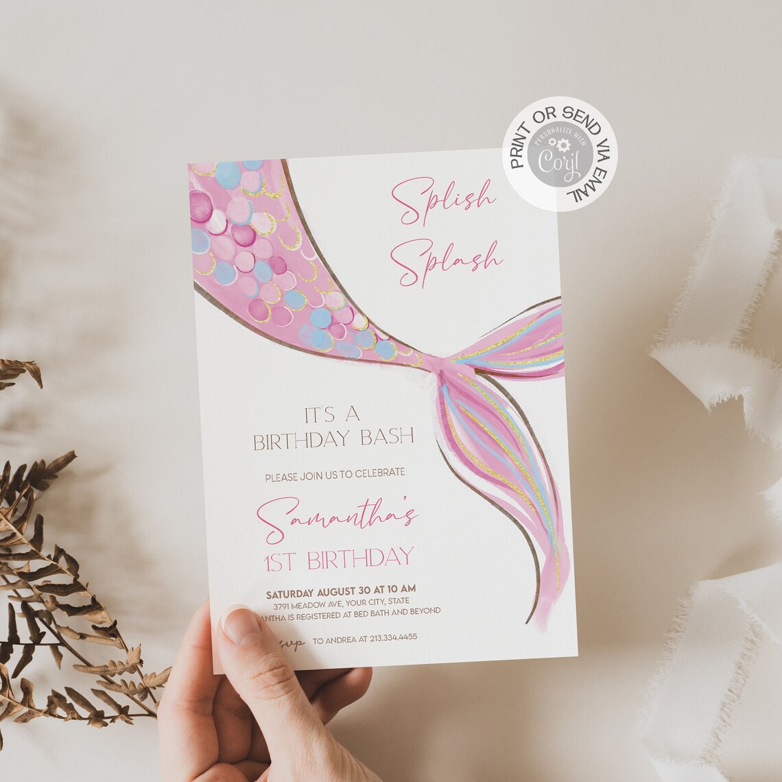 Editable Pink Mermaid Tail Birthday Invitation Template - Etsy