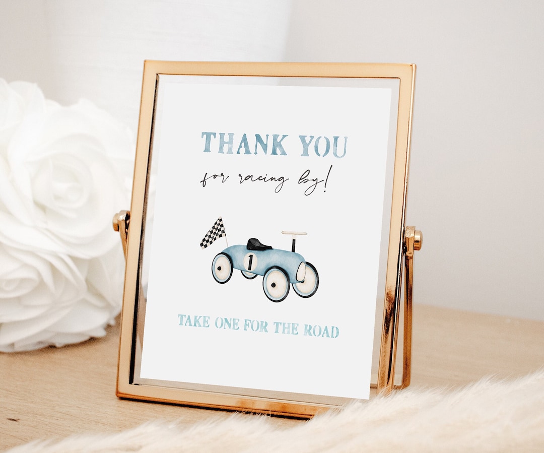 Printable Race Car Ride on Favor Sign | Blue Race Retro Car Gift Sign ...