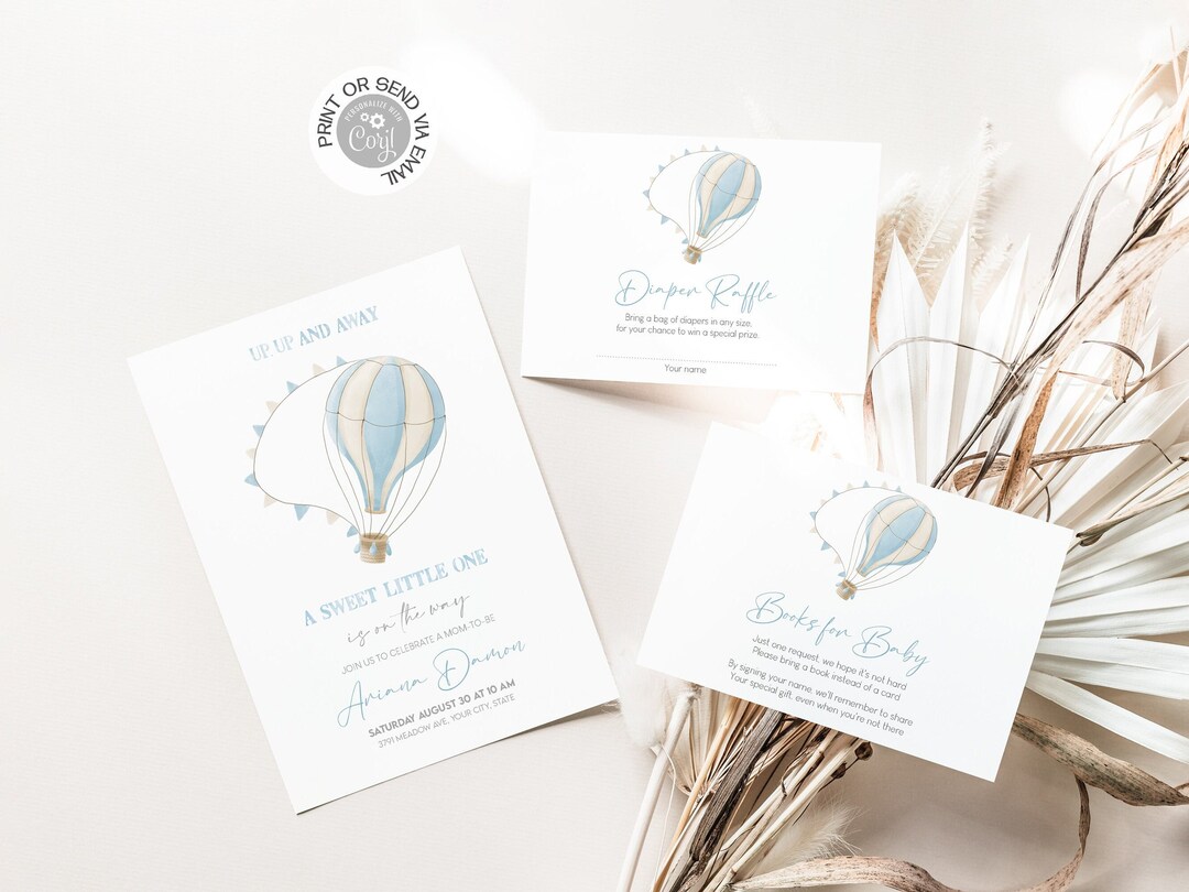 Blue Hot Air Balloon Shower Invitation Editable, Air Balloon Theme Birthday Printable Baby ...