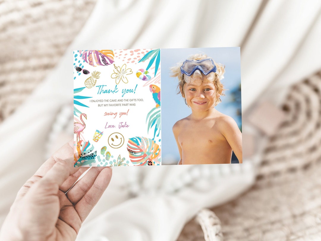Printable Tropical Groovy Thank You Card With Photo, Editable Pool ...