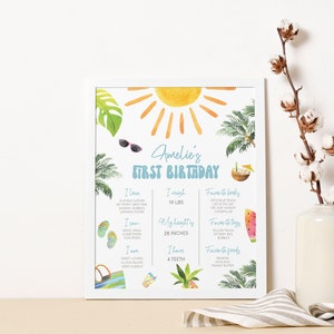 ONE in the Sun Birthday Milestone Sign, Editable Summer Beach Theme ...