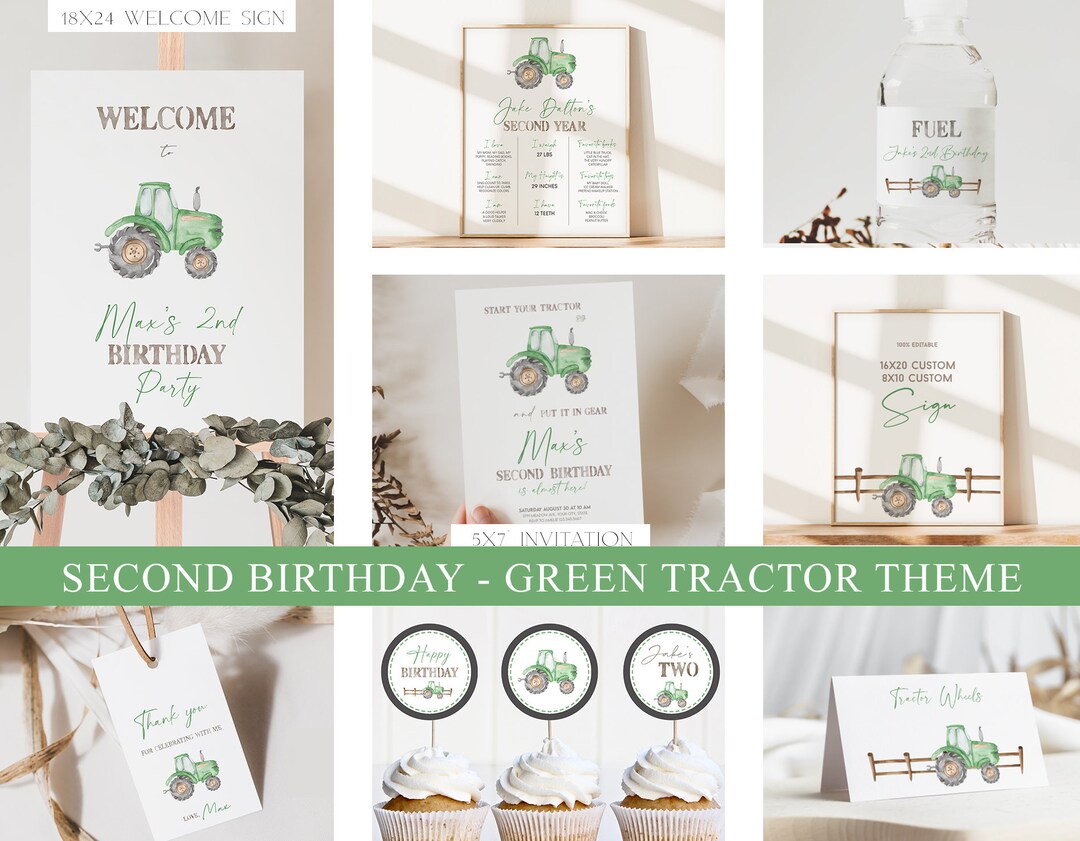 Minimalist Green Tractor Theme 2nd Birthday Kids Party Bundle - Etsy