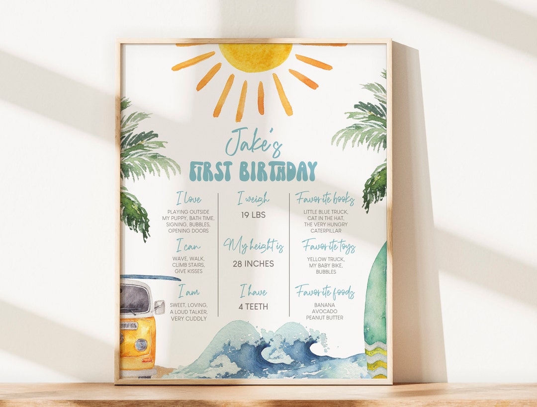 Surfing Birthday Milestone Sign: Boho First Birthday Stats (printable ...