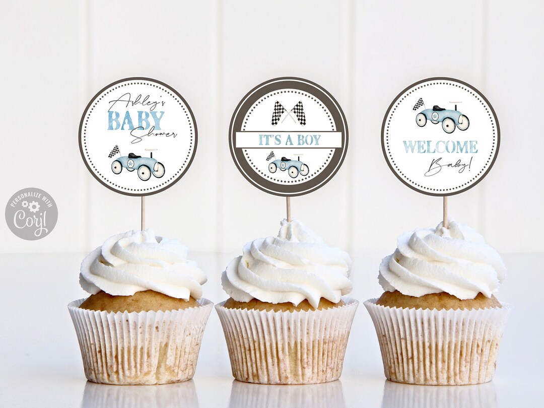 Blue Race Car Ride-on Cupcake Toppers, Editable Baby Shower Toddler Car ...