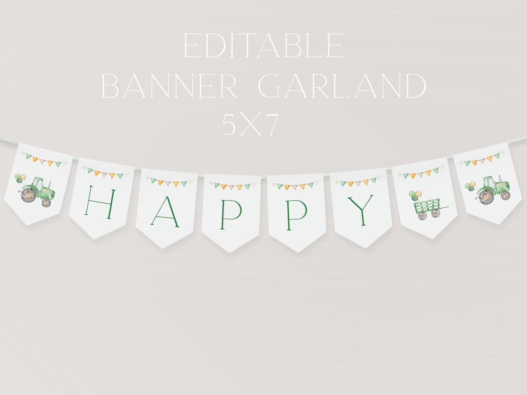 Editable Green Tractor Birthday Banner, Farm Theme Happy Birthday Sign ...