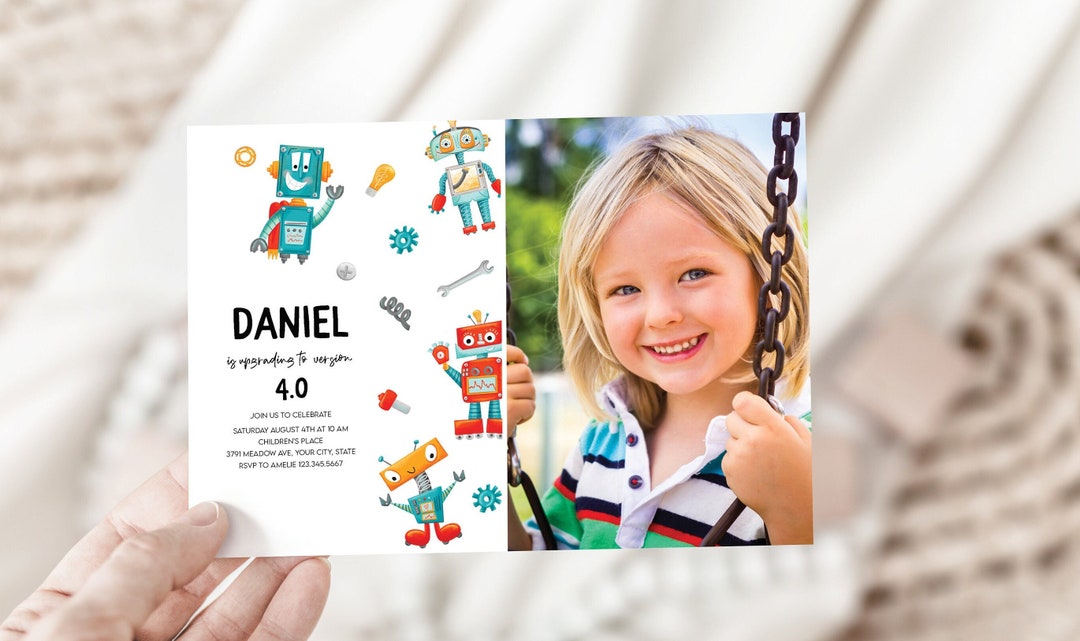 Robot Droid-themed Birthday Invitation With Photo, Editable Bot Invite ...