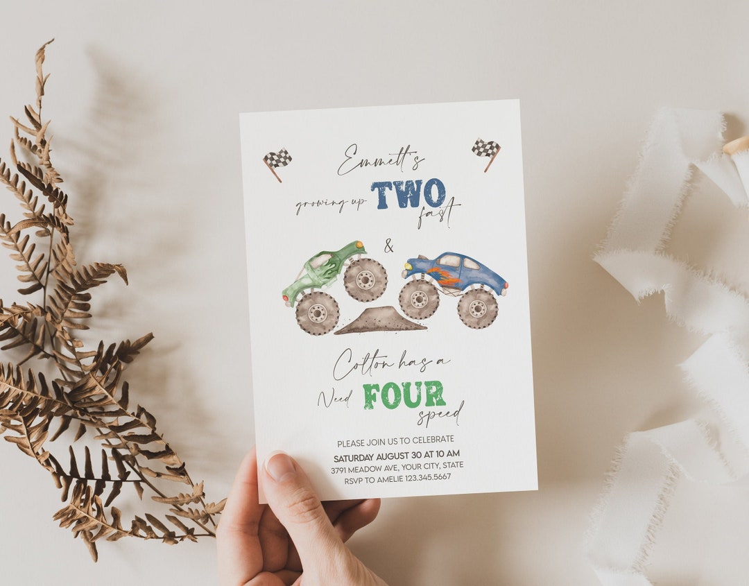 Editable Monster Trucks Dual Siblings Birthday Invitation, Joint Any ...