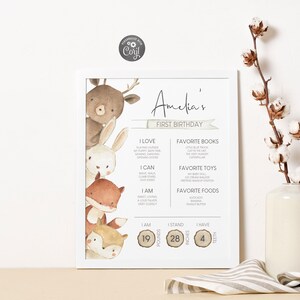 Woodland Animals First Birthday Milestone Sign: Editable Stats Poster ...