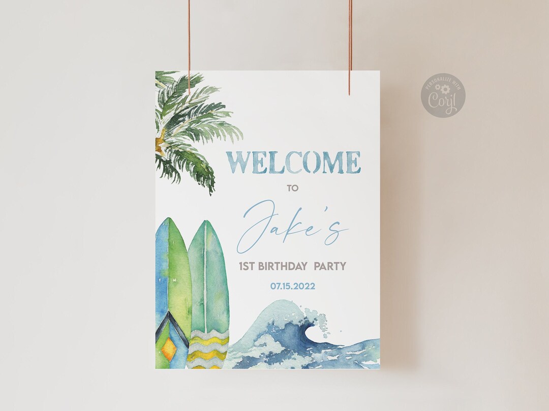 Editable Surf the Big One Birthday Welcome Sign | Modern Surf's up 1st ...