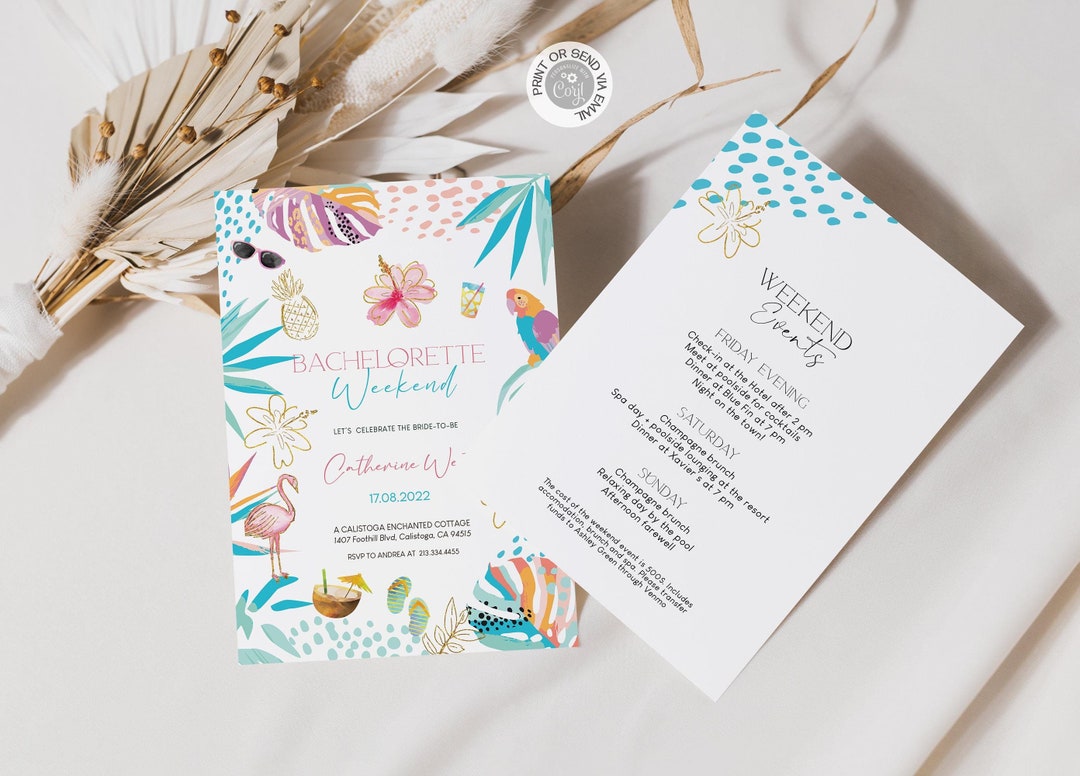 Editable Tropical Bachelorette Invitation, Poolside Resort Weekend ...