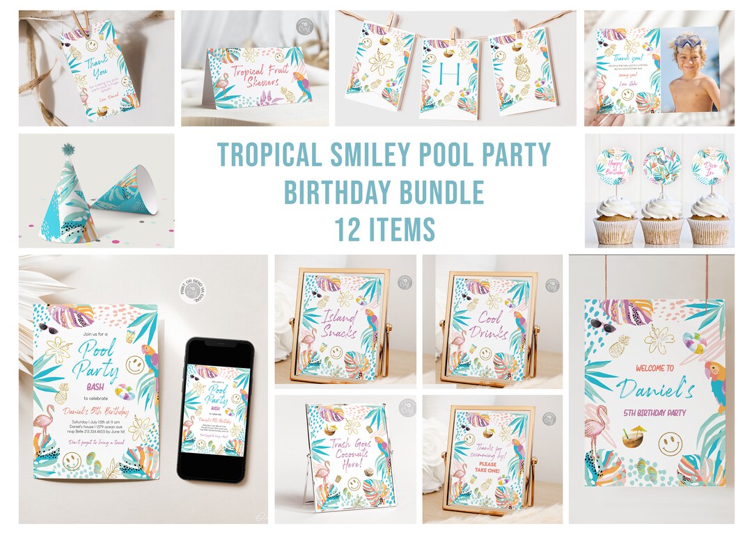 Printable Tropical Pool Party Bundle, Editable Birthday Package Any Age ...