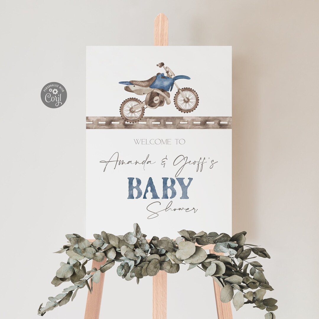 Editable Blue Dirt Bike Baby Shower Welcome Sign | Mountain KTM Bike ...