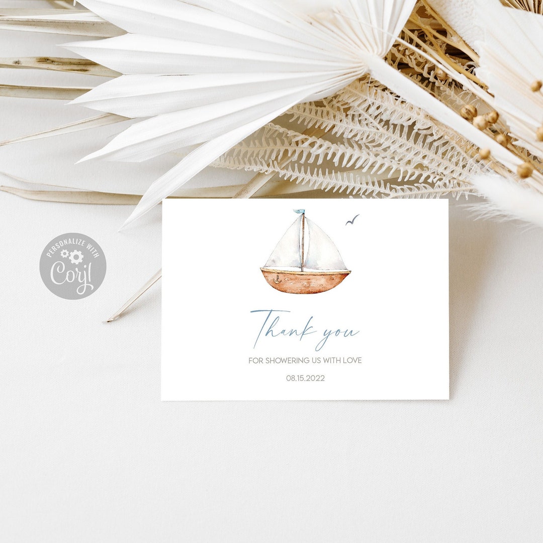 Sailboat Baby Shower Thank You Card, Nautical Theme Thank You Note ...