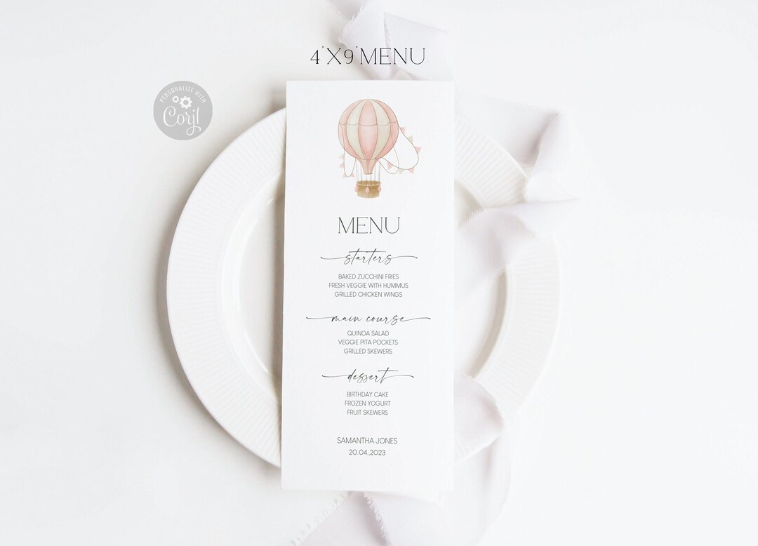 Pink Hot Air Balloon Birthday Menu Printable • up up and Away ...