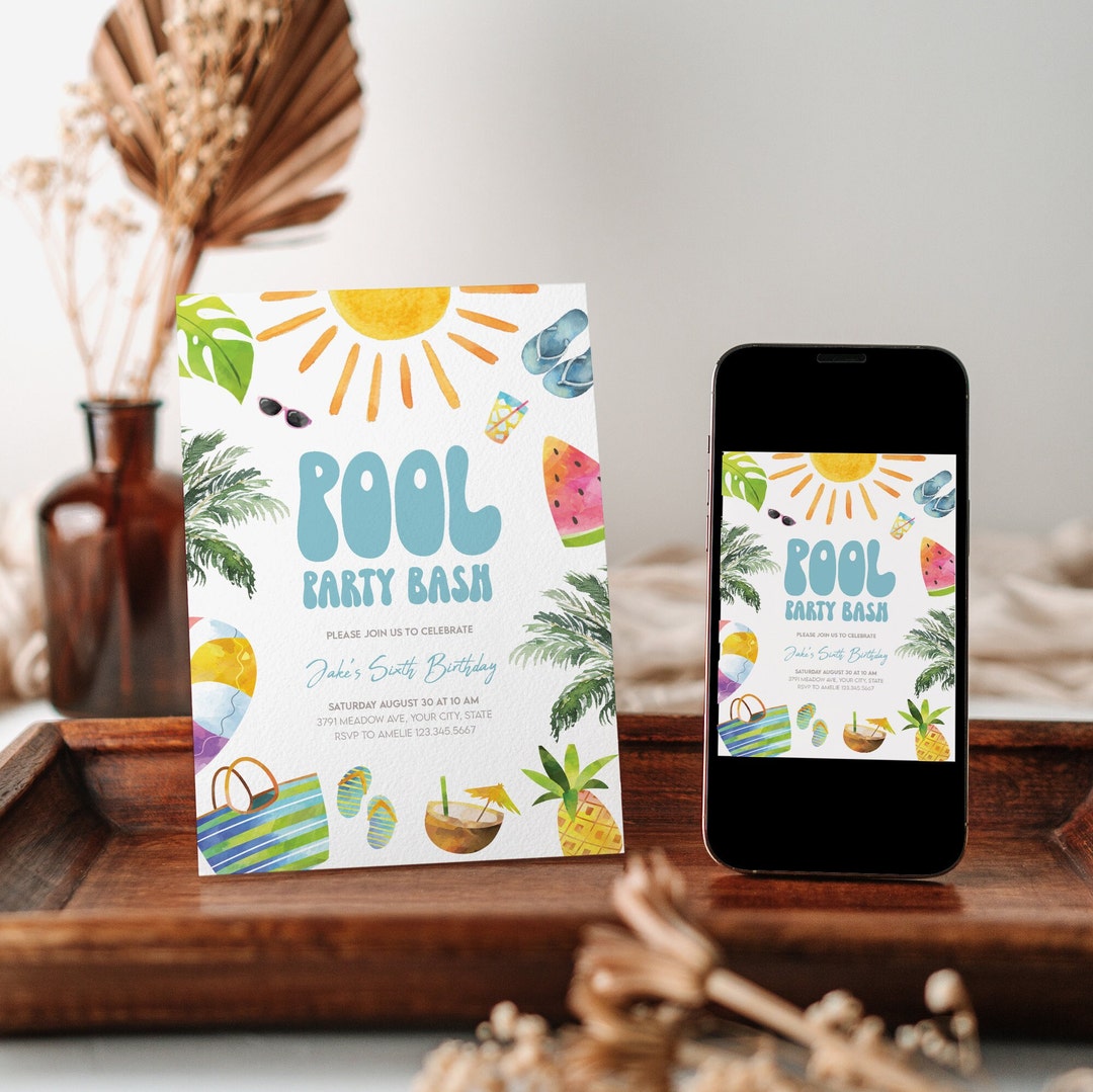 Pool Party Bash Birthday Invitation, Summer Beach Birthday Party Bash ...