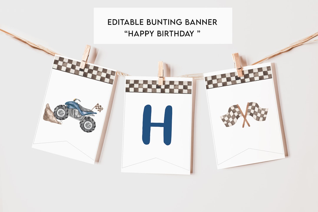 Editable Blue 4 Wheeler ATV Birthday Bunting Banner, Birthday Baby ...