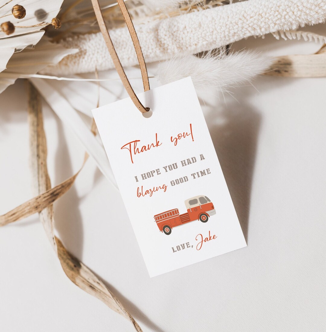 Fire Truck Thank You Tag, Editable Little Firefighter Gift Tag Template ...