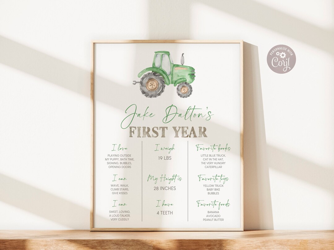 Green Tractor First Birthday Milestone Sign: Farm Party Decor (digital ...