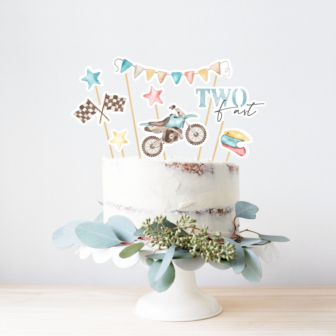 Printable Light Blue Dirt Bike Cake Topper, TWO Fast Motorcycle Themed ...