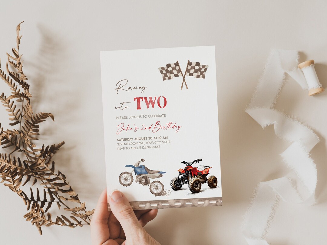 Racing Into Two Bike Theme Birthday Invitation, Editable Red ATV Bike 4 ...