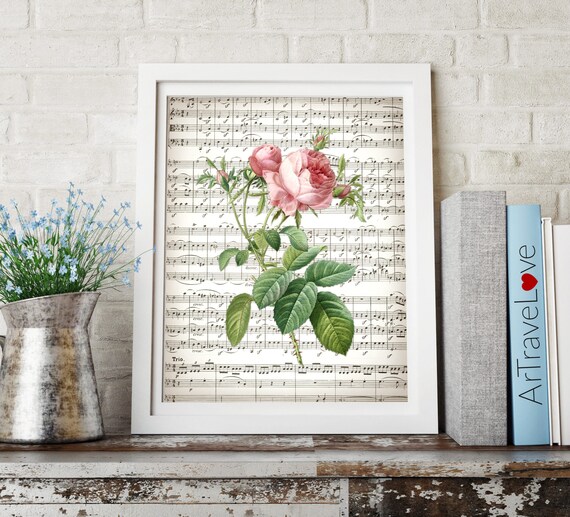 Pink Rose Flower Sheet Music Art Print | Etsy