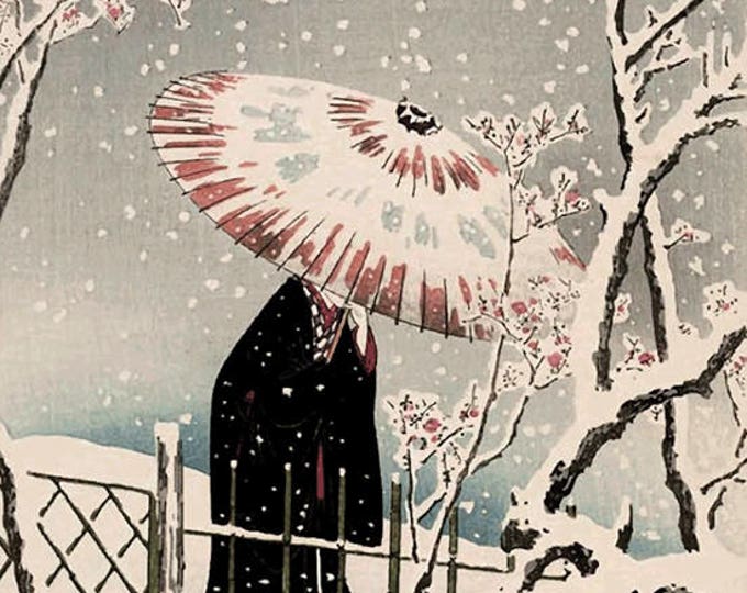 Japanese Winter Art, Woman With Umbrella, Plum Blossoms, Snow Covered ...