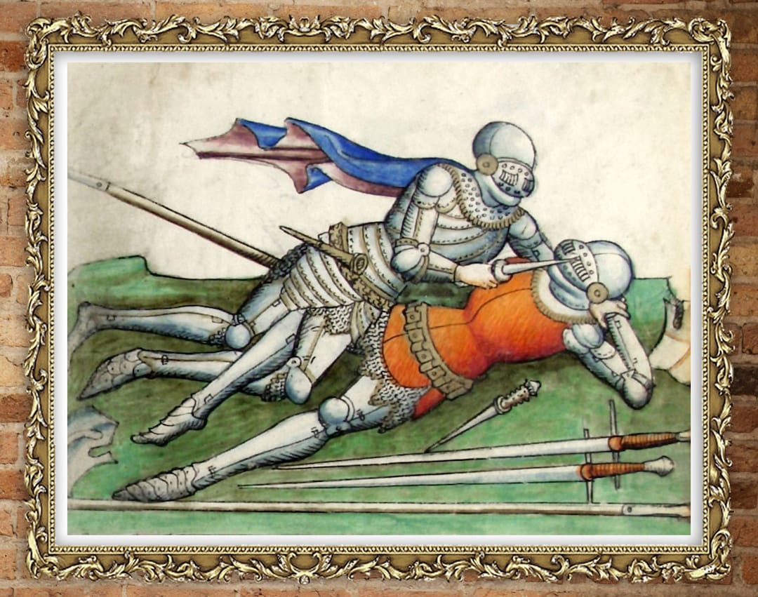 Antique Medieval Art, Vintage Illustrations, Two Knights Fighting Lying ...