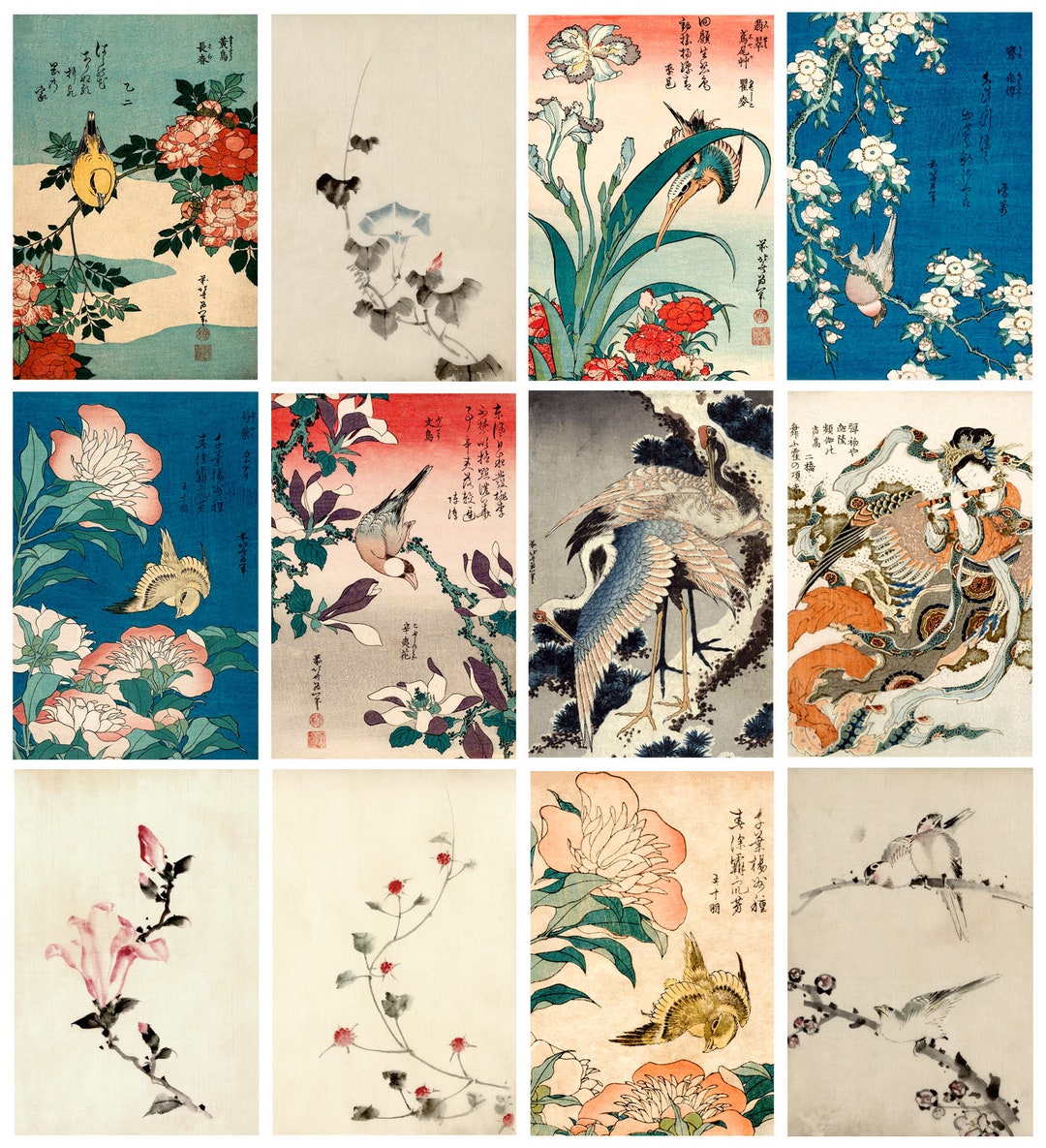 Japanese Art Prints, Birds Flowers 12 Prints Set Hokusai FINE ART ...