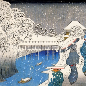 Japanese Winter Art, Snowing Landscape With a Bridge Hiroshige FINE ART ...