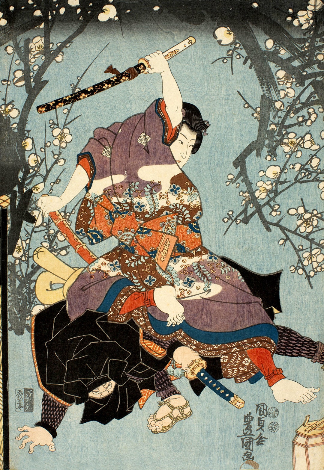 Japanese Samurai, Warriors Art Prints, Samurai Fighting Ninja in Bloom ...