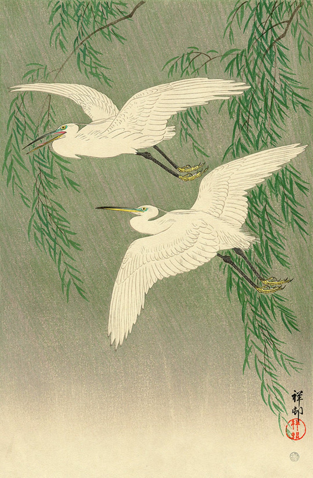 Japanese Art, Birds Art Prints, Bird and Flower Painting, Two Egrets ...