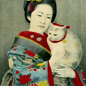 Japanese Art Prints, Japanese Photos, Woman and Cat, Japanese Geisha ...